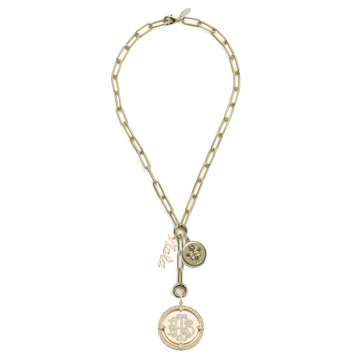 Iris Carondelet Necklace with Iris Script, Monogram Medallion & Mini S