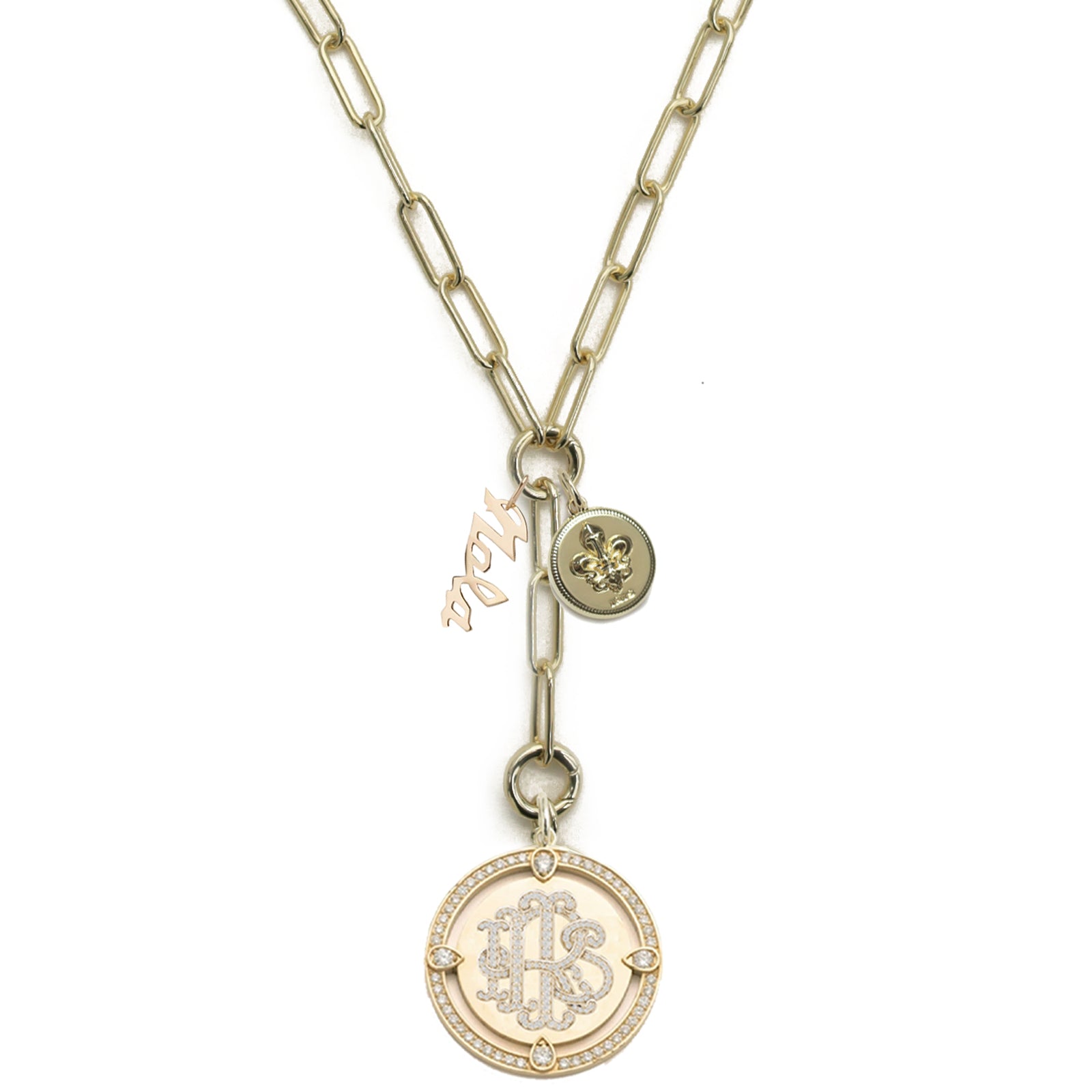 Iris Carondelet Necklace with Iris Script, Monogram Medallion & Mini S